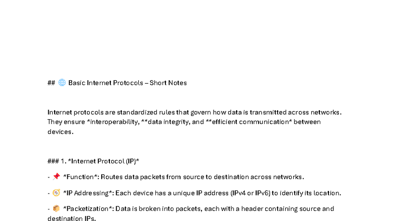 Basic Internet Protocols (CS101) - Short Notes and Key Concepts - Studocu