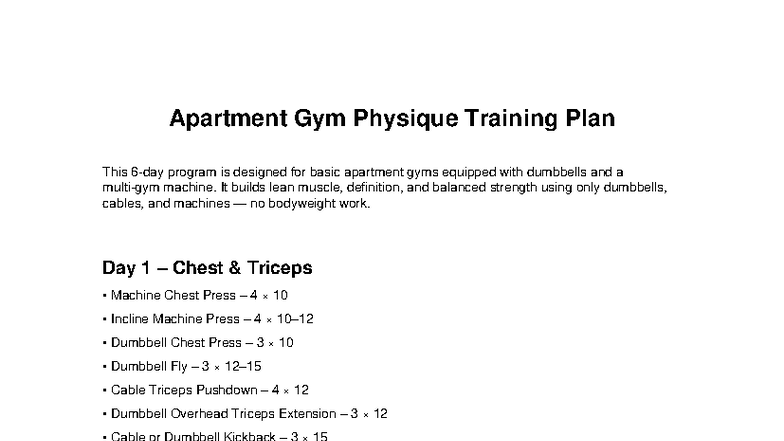Apartment Gym Physique Training Plan: Strength & Muscle Building - Studocu