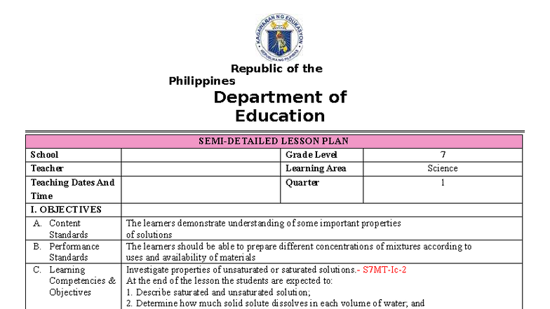 Grade 7 Science Lesson Plan: Saturated & Unsaturated Solutions (Q1 ...