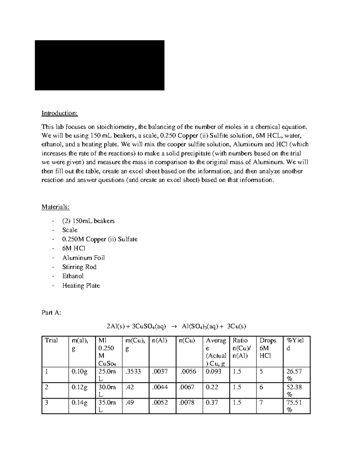 Lab 8 Report: Stoichiometry and Reaction Analysis in Chem 106 - Studocu
