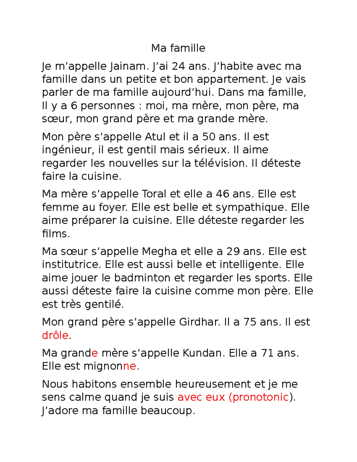 Ma famille - Devoir de français sur ma famille - Studocu