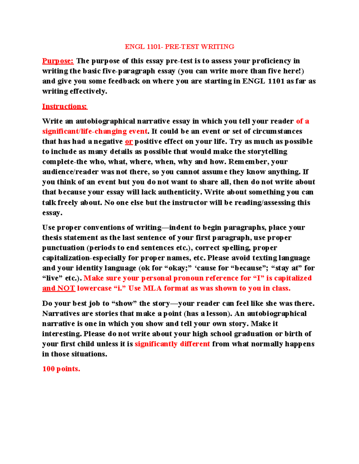 ENGL 1101 Pre-Test Writing Prompt 2024 - ENGL 1101- PRE-TEST WRITING ...