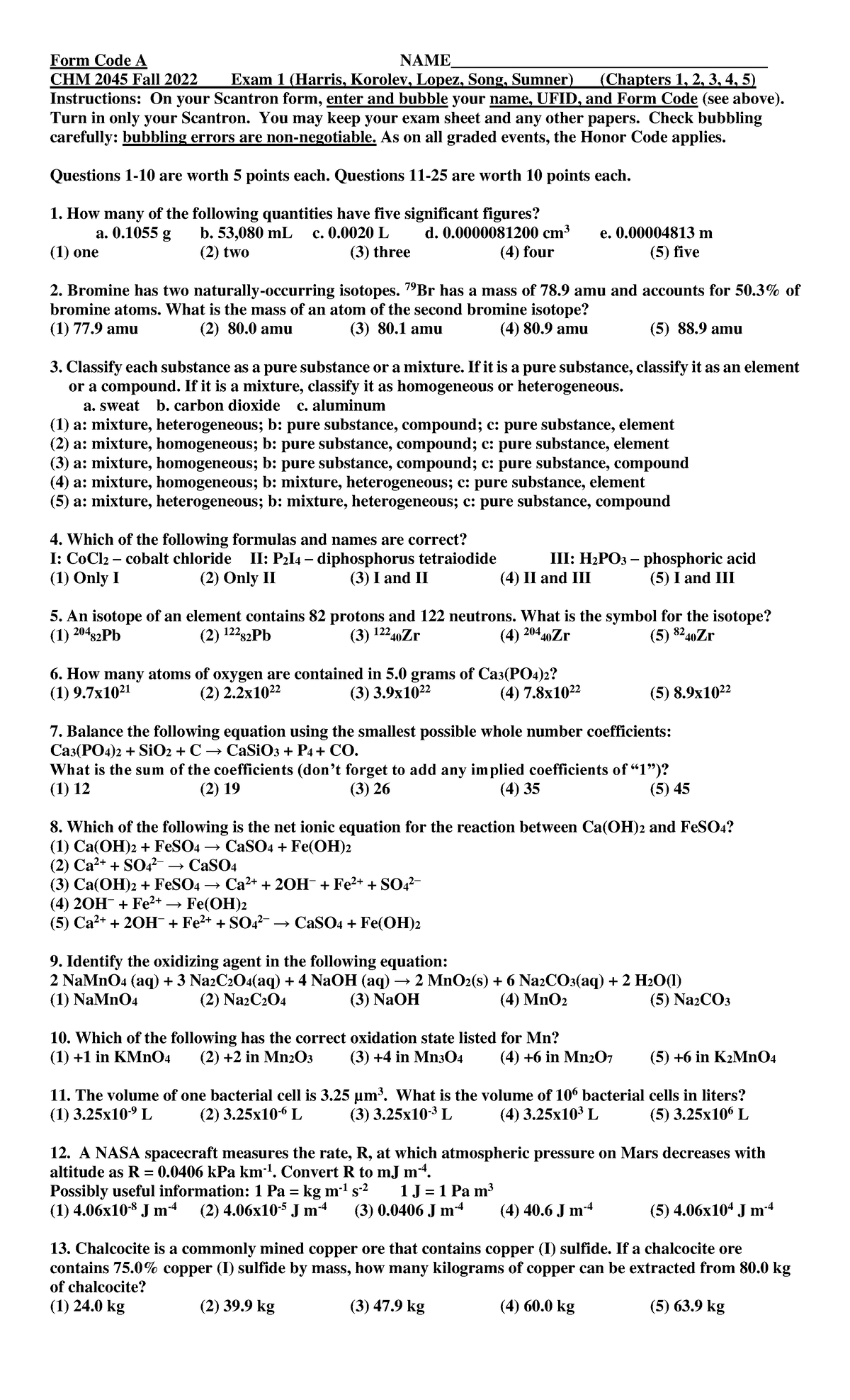 CHM 2045 Fall 2022 Exam 1 Form A - Key Concepts and Questions - Studocu
