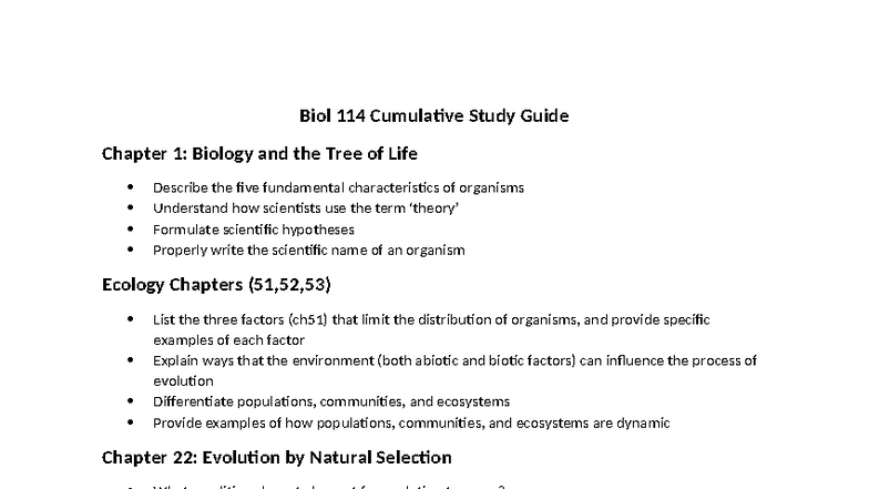 Biol 114 Cumulative Study Guide: Key Concepts in Evolution and Ecology ...