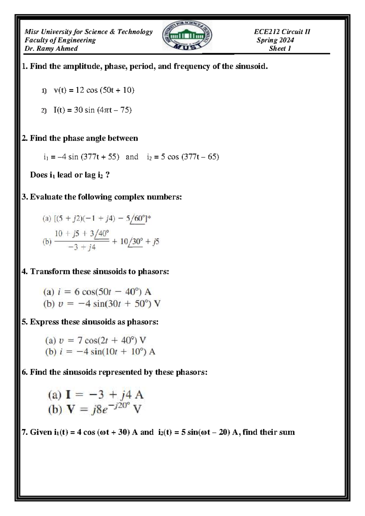 ECE212 Circuit II Spring 2024 Sheet 1: Sinusoid Analysis & Phasors ...