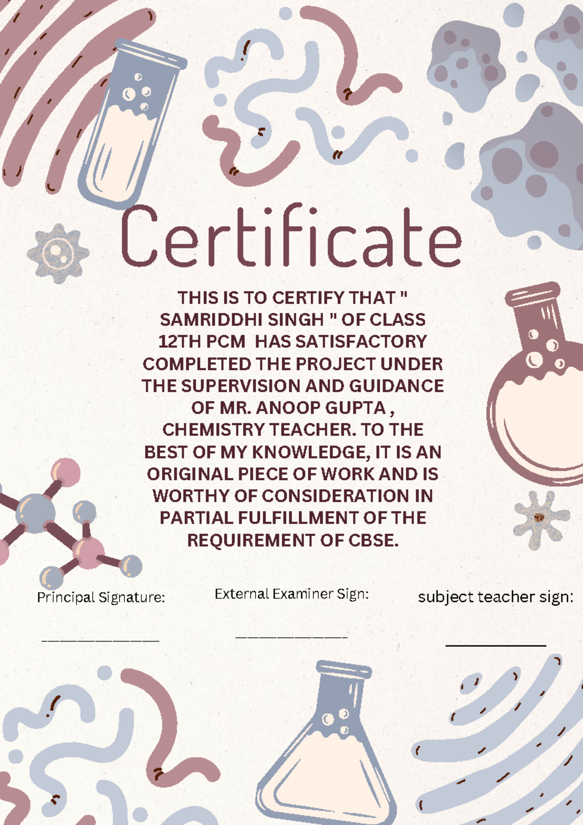 Certificate of Completion for Science Project - Class 12 PCM - Studocu