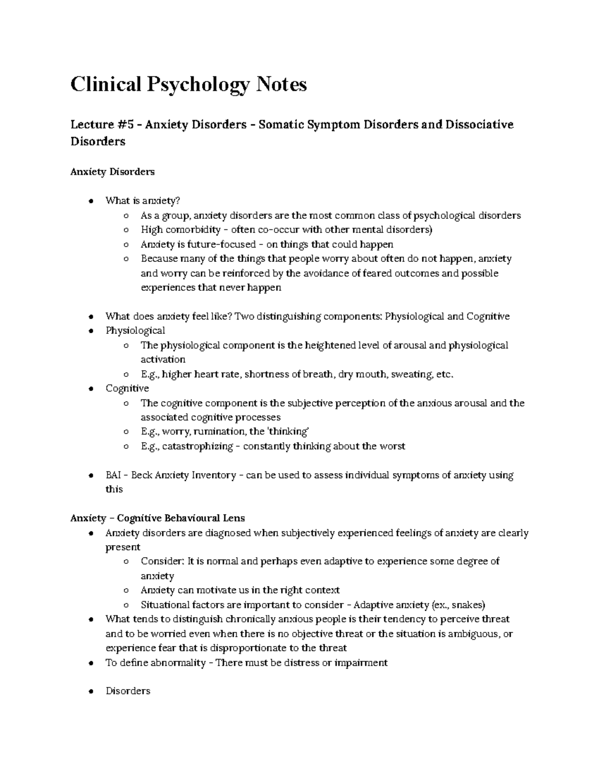 Clinical Psychology (PSYB32) - Term Test 2 Notes on Anxiety & Somatic ...