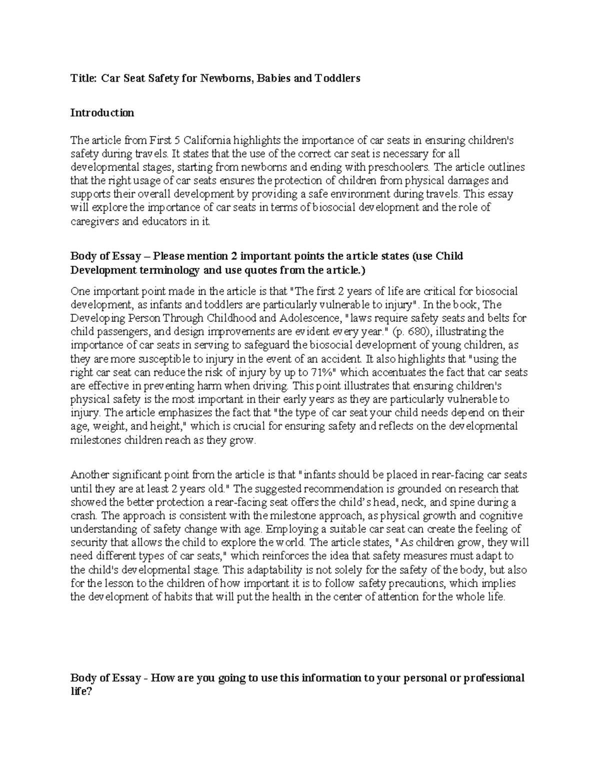 CH DEV 1 Essay: Car Seat Safety for Infants and Toddlers - Studocu