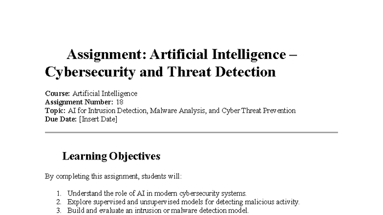 AI Cybersecurity Assignment 19: Intrusion Detection & Malware Analysis - Studocu