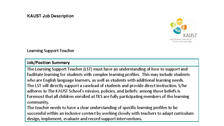 KAUST Learning Support Teacher Job Description Overview - Studocu