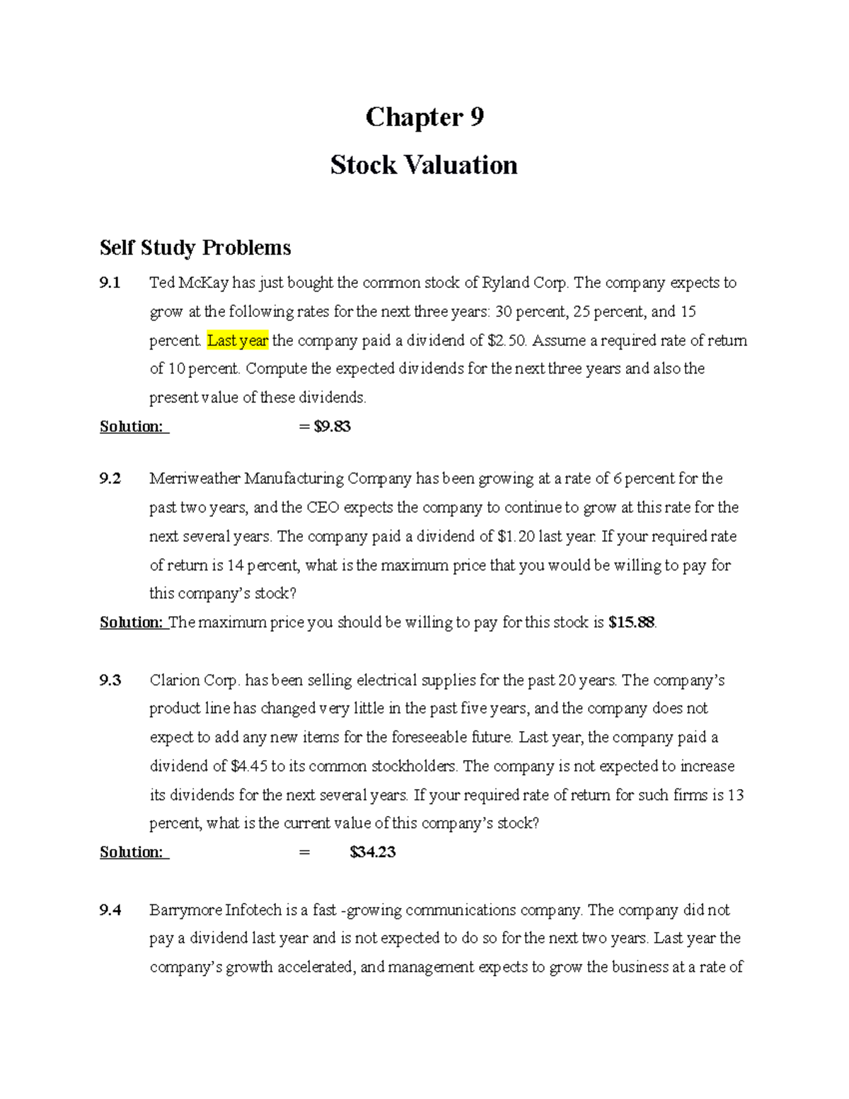 Ch09 Exercises - Stock Valuation Problems and Solutions - Studocu