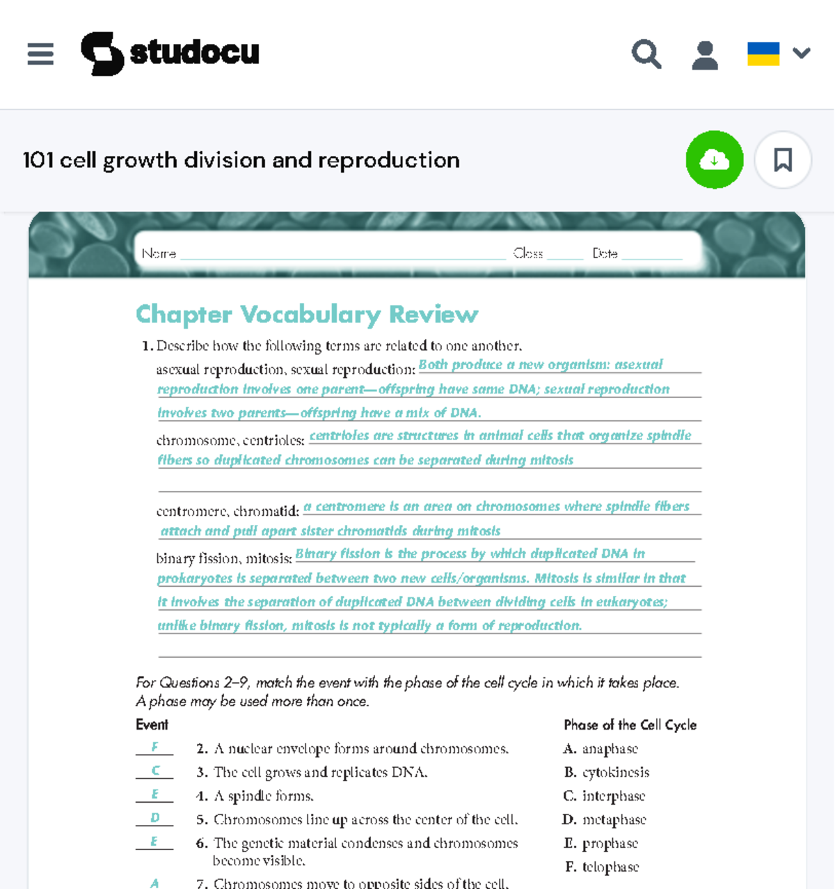 101 Cell Growth, Division, and Reproduction - Lesson 10 Workbook A ...