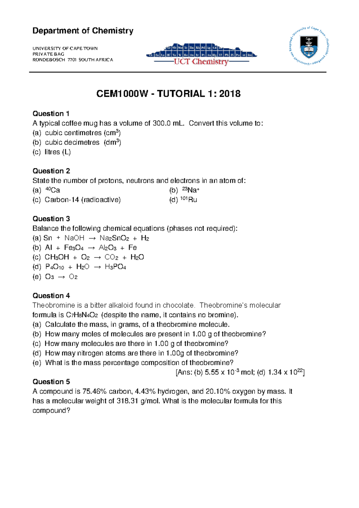 CEM1000W Tutorial 01 2018 - Department of Chemistry UNIVERSITY OF CAPE TOWN PRIVATE BAG ...