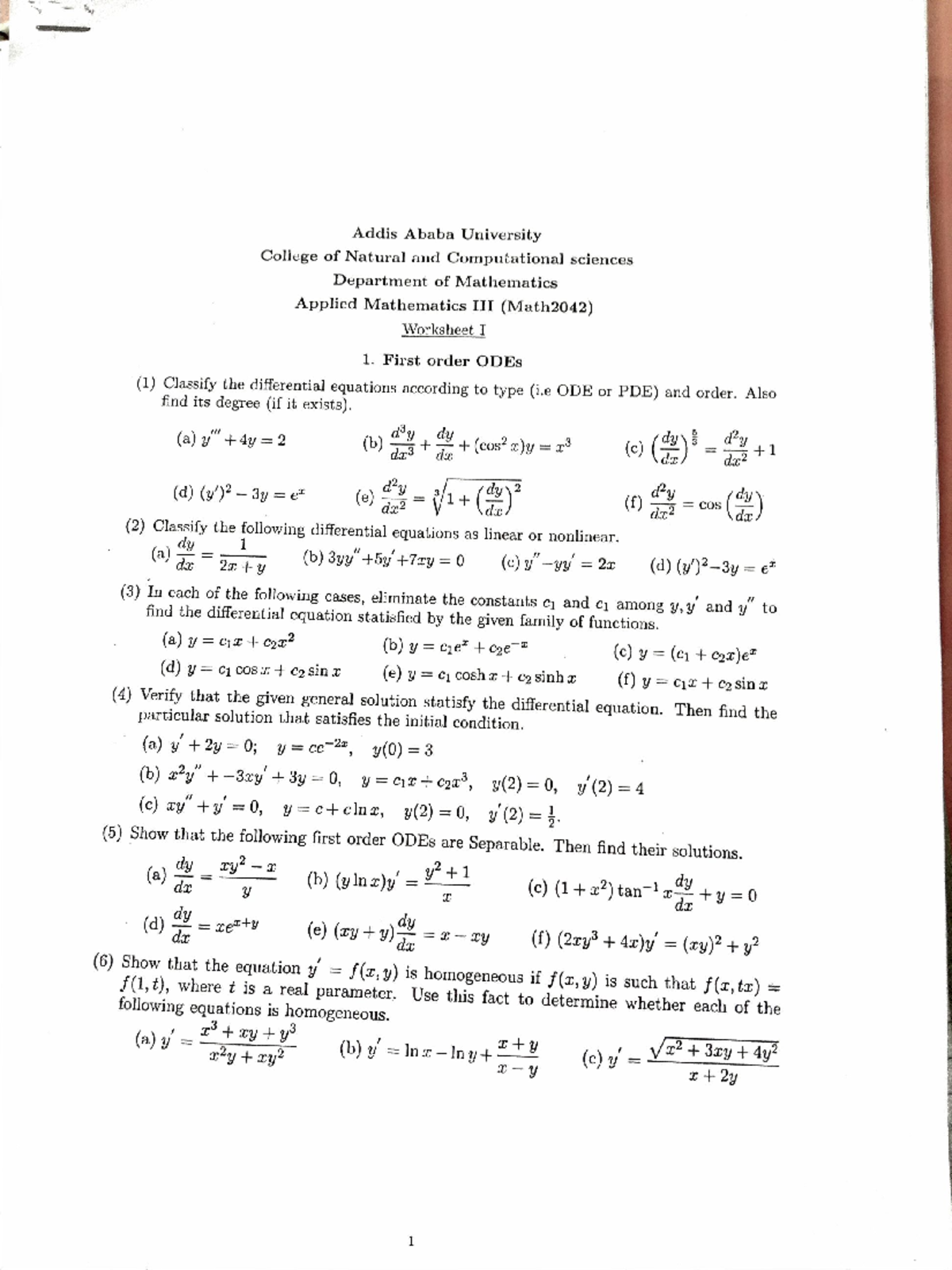 Applied Maths 3: Worksheet 1 Exercises and Solutions - Studocu