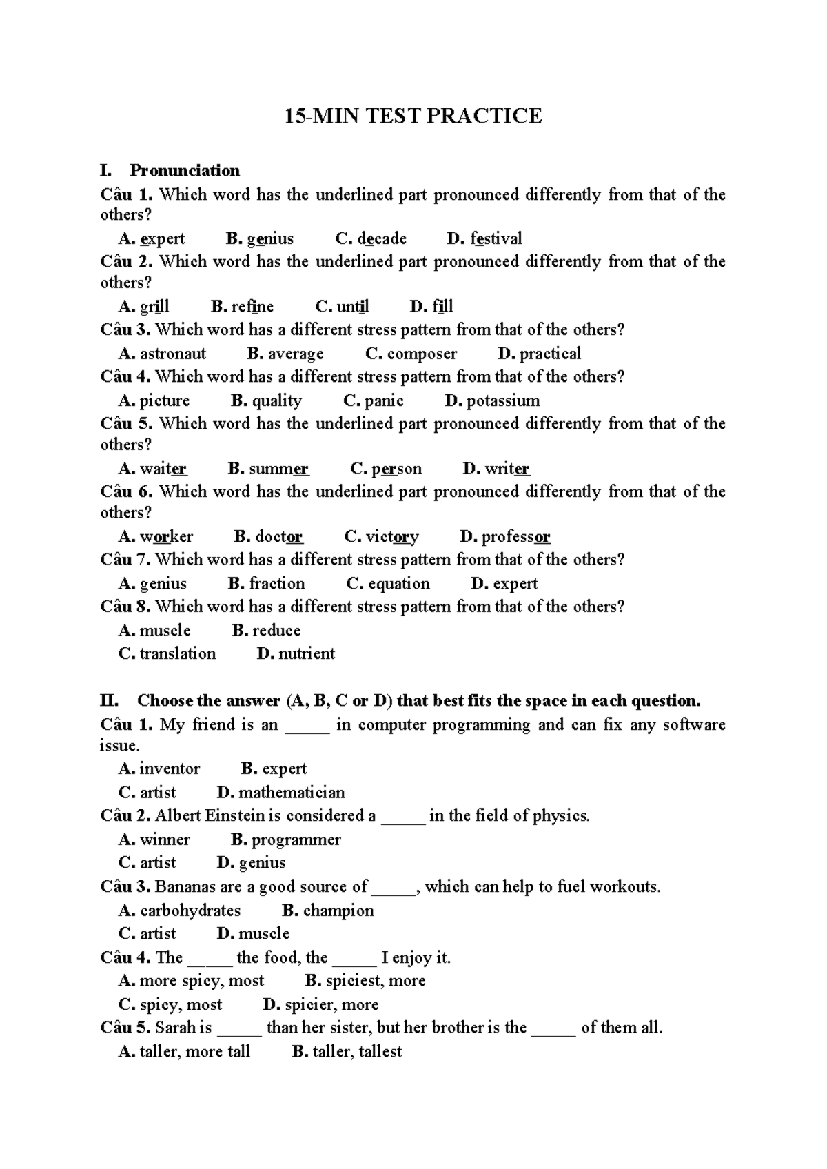 UNIT 5 15-MIN Practice - Friends Plus 7 Review Test - Studocu