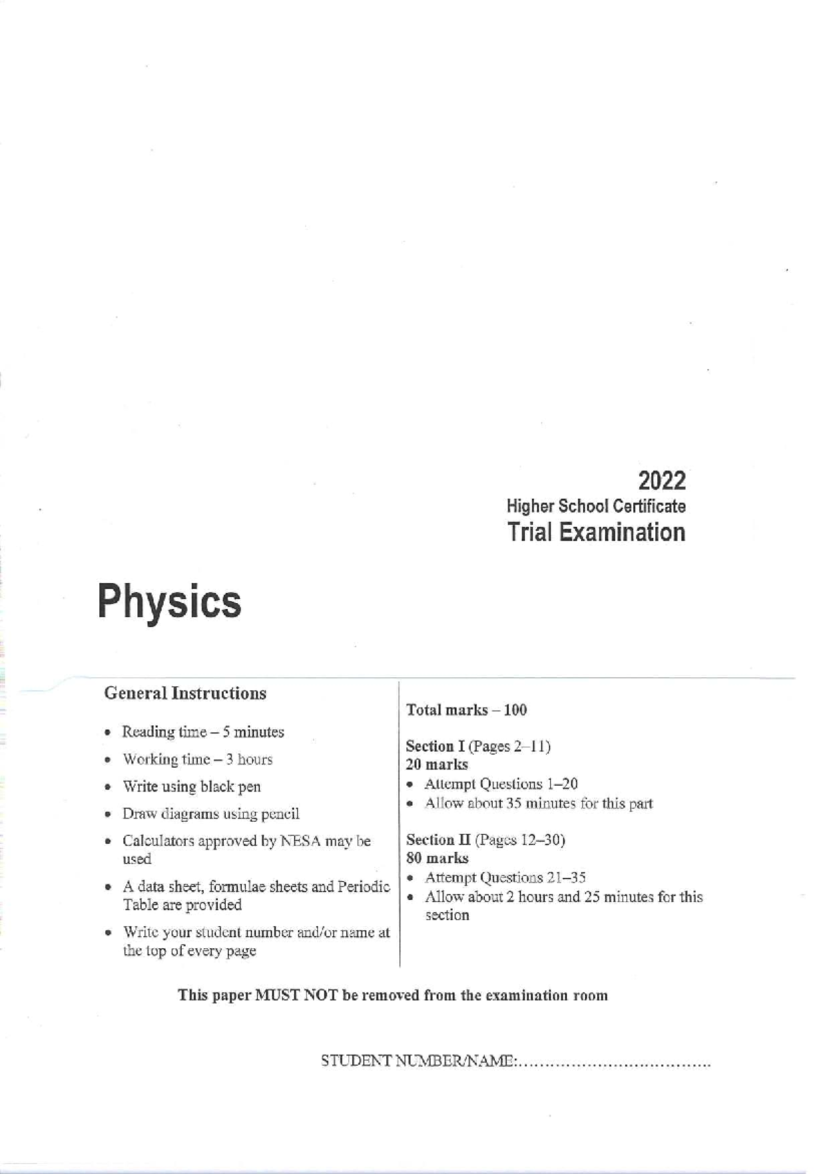2022 HSC Trial Exam Physics: General Instructions & Questions - Studocu