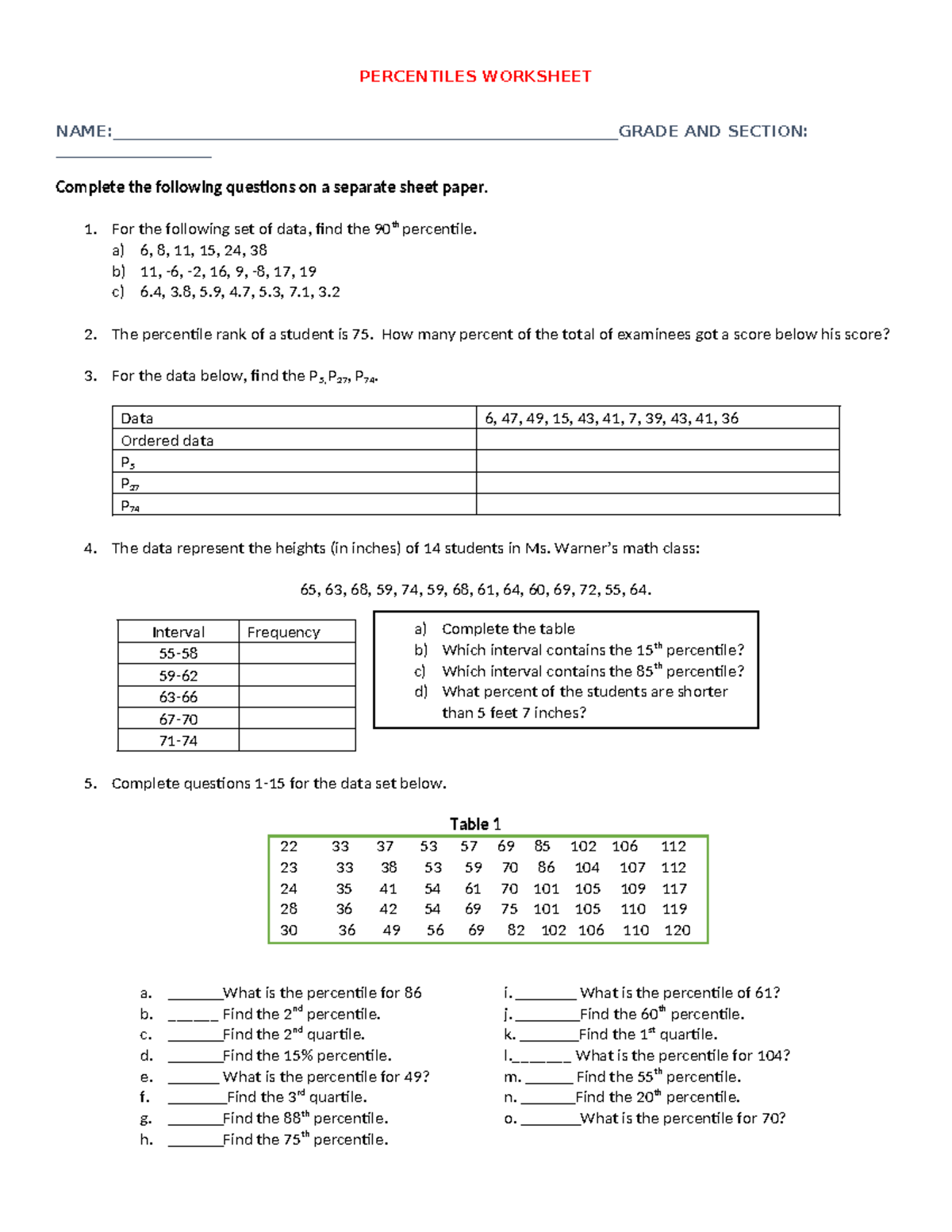 Percentiles Worksheet: Calculating Percentiles and Ranks - Studocu
