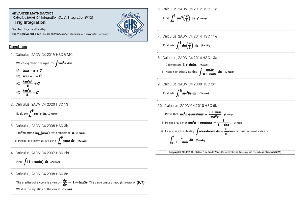 YR 12 - Advanced Mathematics Trigonometry Integration Solutions (2ADV ...