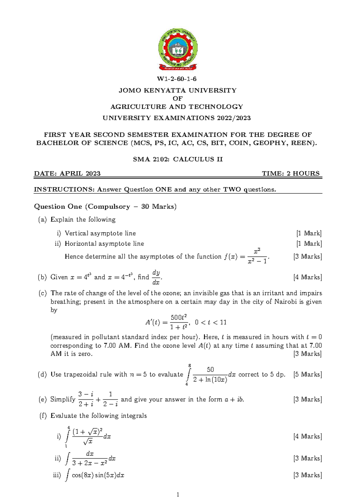 SMA 2102: Calculus II Final Exam - April 2023 - Studocu