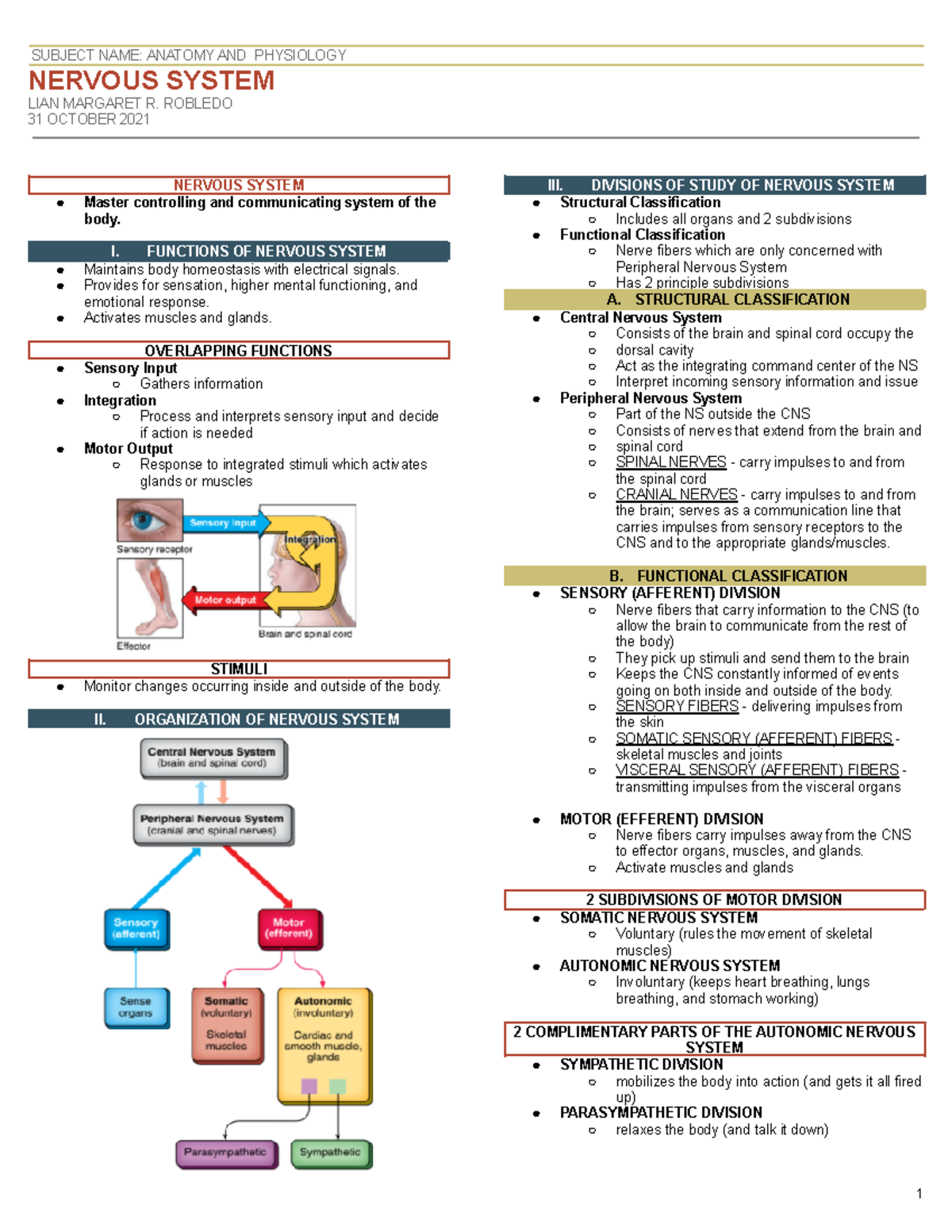 Ana Phy Chapter 10 16 - n/a - SUBJECT NAME: ANATOMY AND PHYSIOLOGY NERVOUS SYSTEM LIAN MARGARET ...