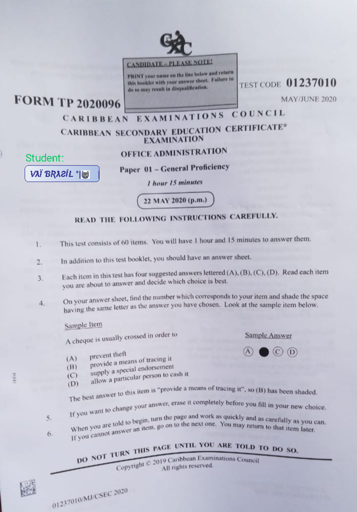 Office Administration CSEC 01237010 Final Exam Paper 01 2020 - Studocu