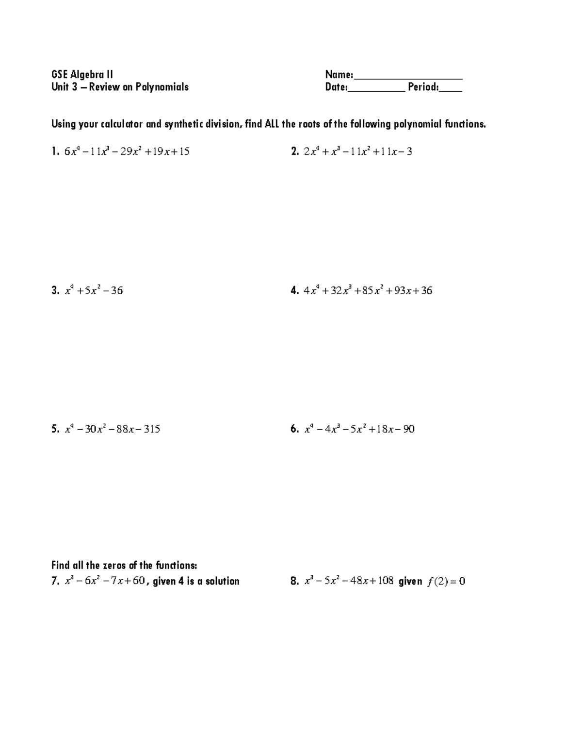 Unit 1d Test Review Blank - GSE Algebra II Name ...