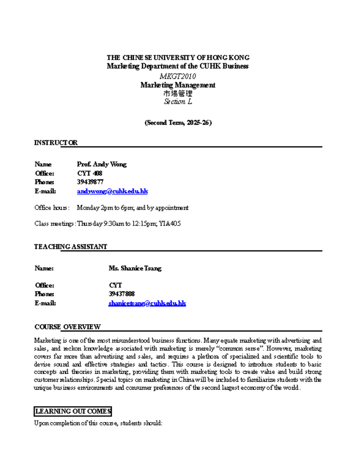 MKTG2010 L Marketing Management Course Outline (Term 2, 2025-26) - Studocu