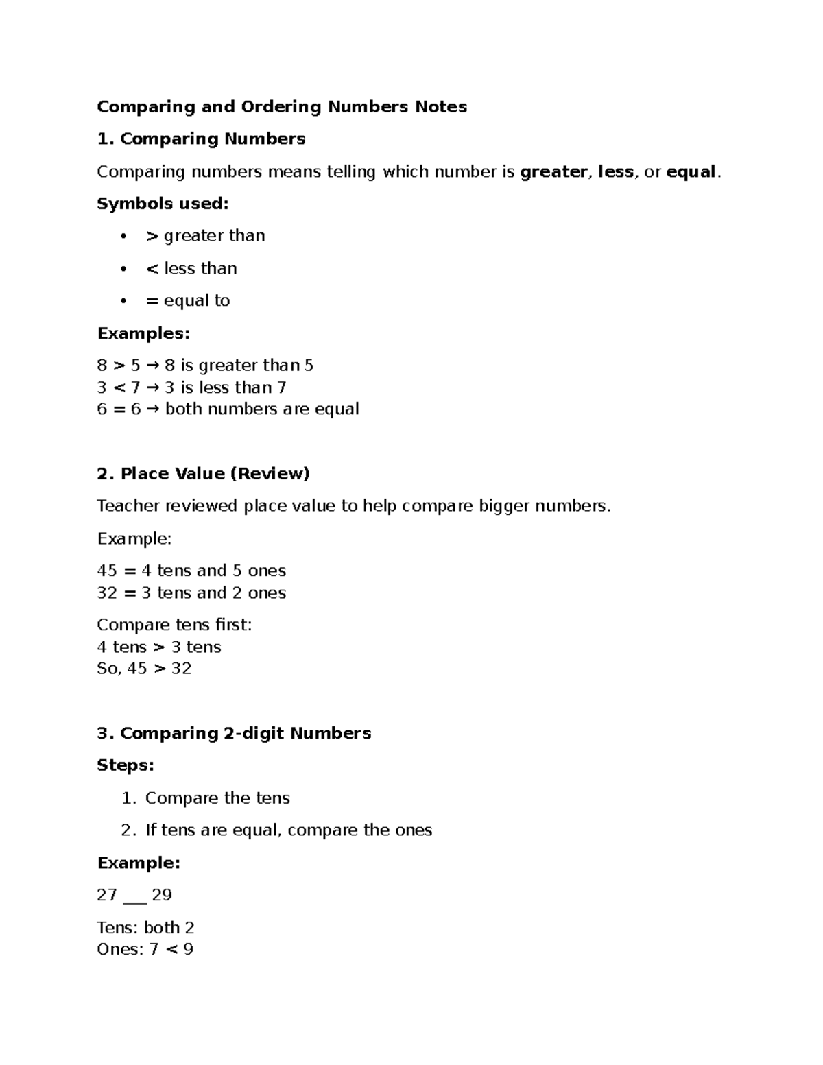 Comparing and Ordering Numbers Notes for Math 101 - Studocu