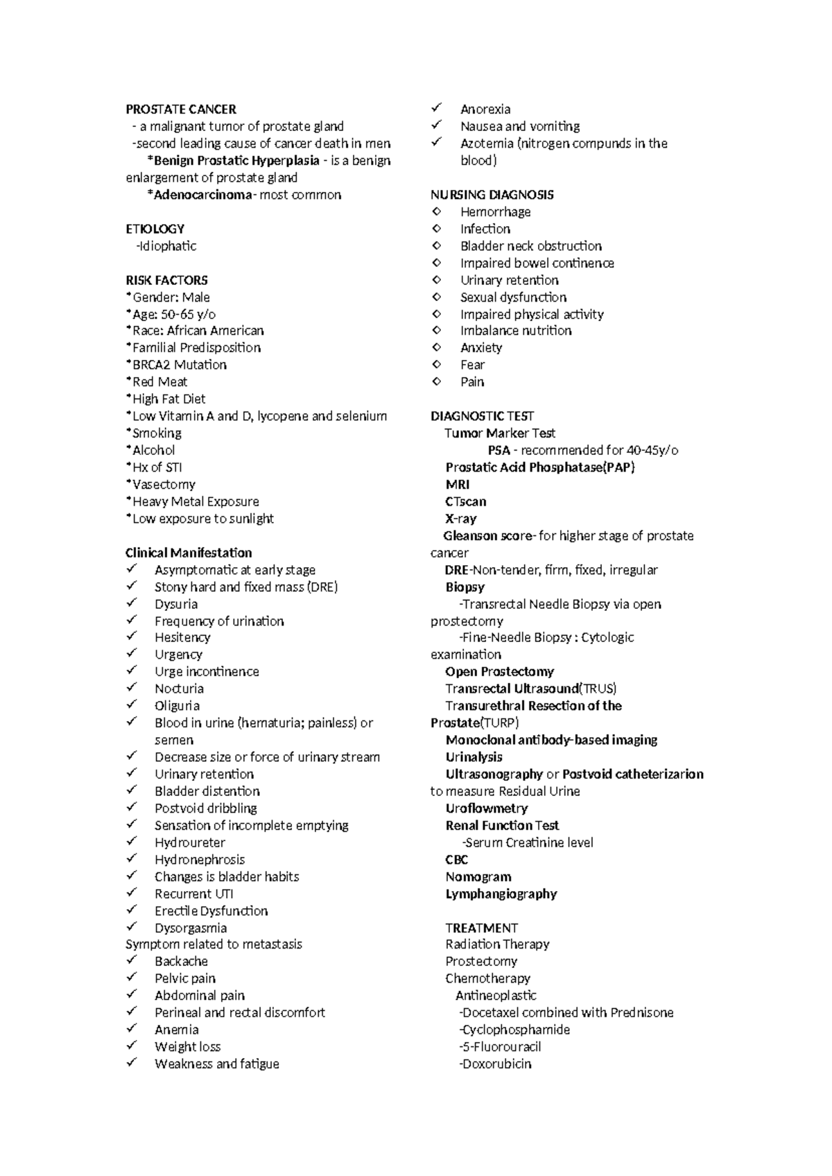 Prostate Cancer Overview: Diagnosis, Treatment, and Nursing Care - Studocu