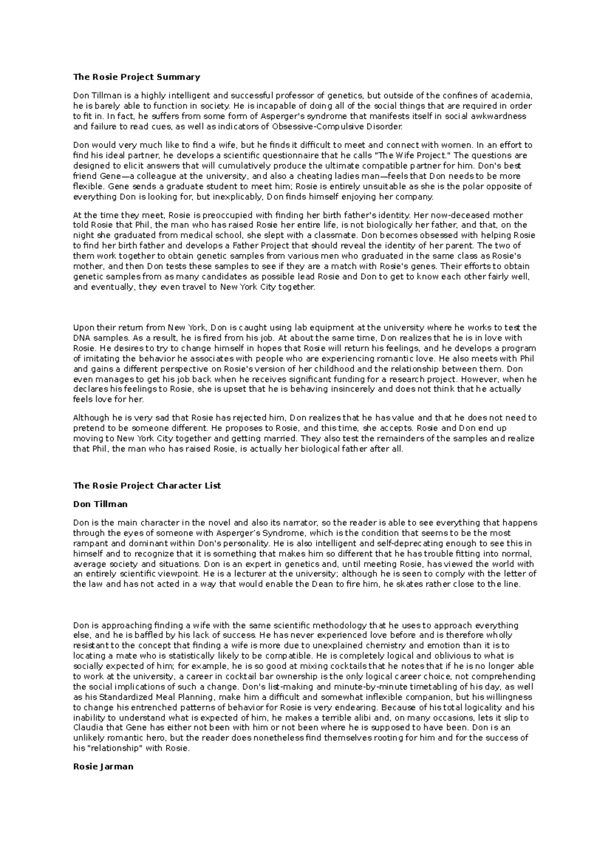 The Rosie Project (Course Code: ENG101) - Summary and Character ...