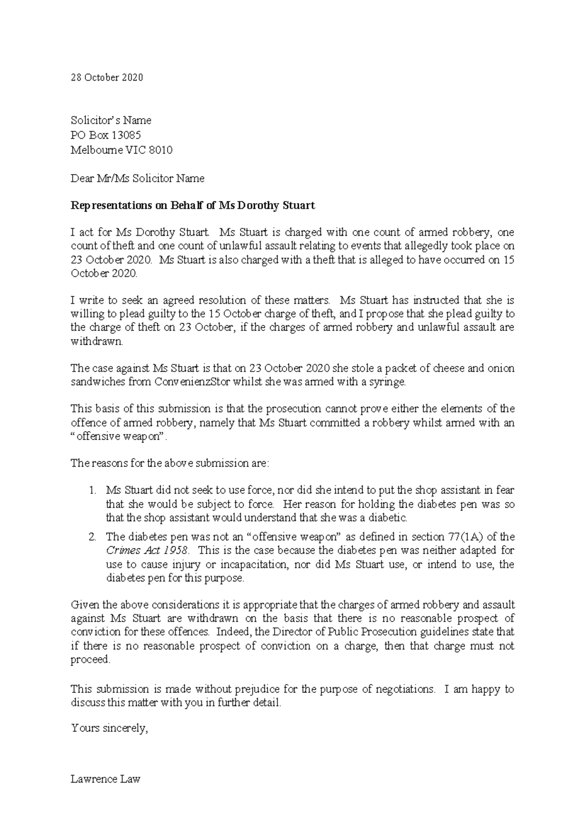 Draft Letter for Legal Representation: Ms. Dorothy Stuart's Case - Studocu