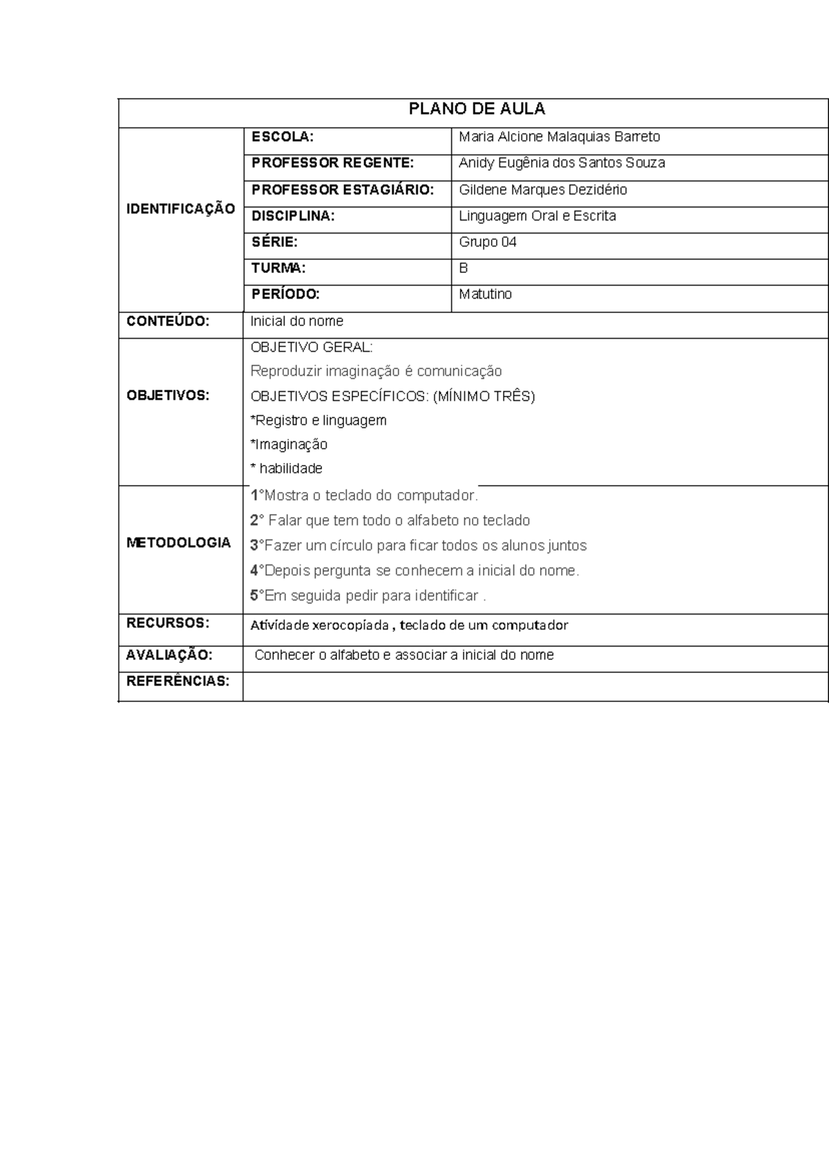 Plano de aula grupo 04 - PLANO DE AULA IDENTIFICAÇÃO ESCOLA: Maria ...