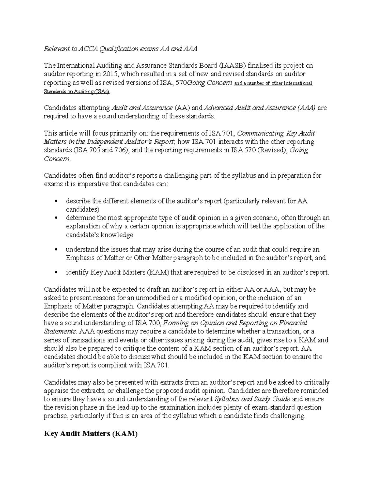 Audit report KAM - Lecture notes CHAPTER 17 - Relevant to ACCA ...