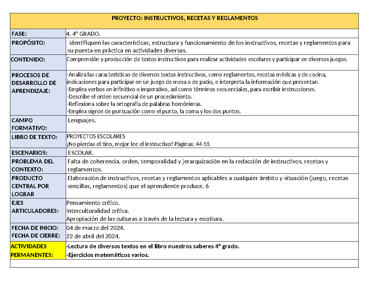 Proyecto Instructivos, Recetas y Reglamentos para 4° Grado - Studocu