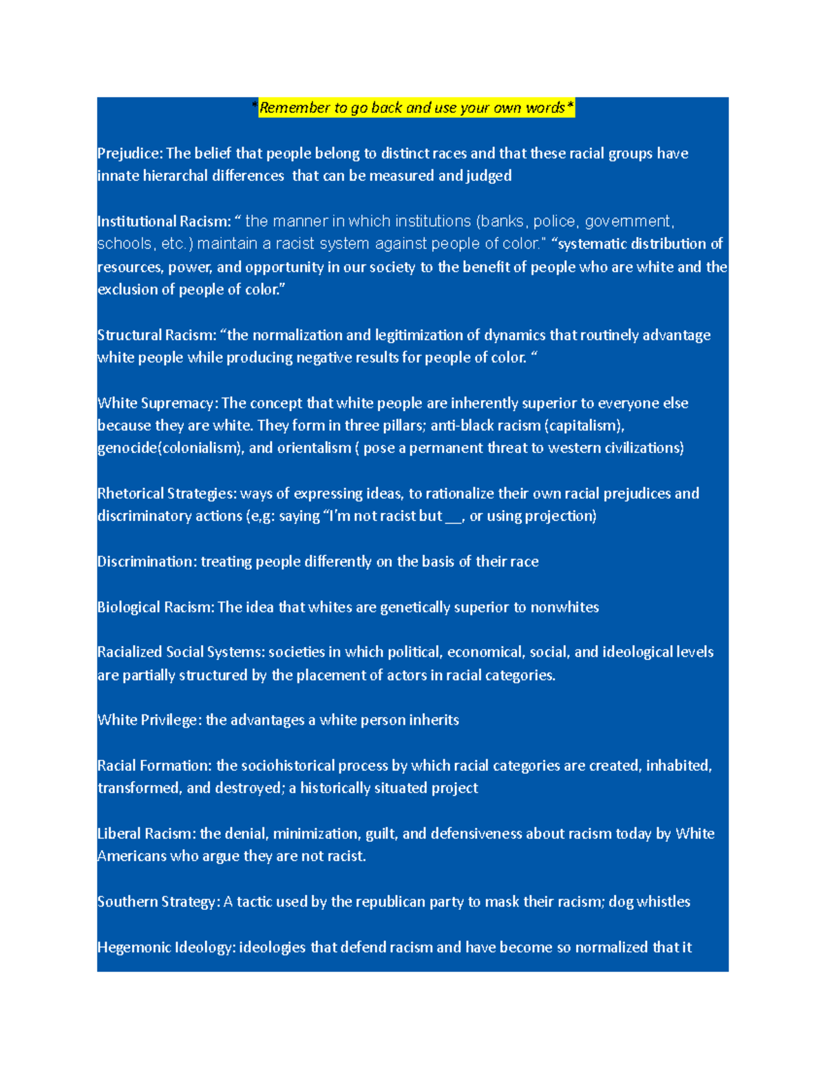 Unit Key Terms Unit 2 - Ethnic Studies w/ Prof. Nathan Lopez - Remember ...