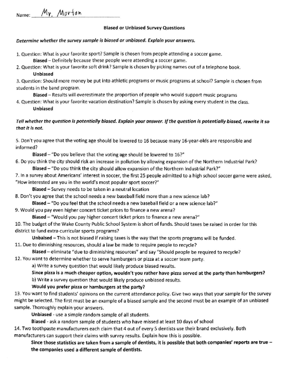 2 Biased vs Unbiased Survey Questions - Homework Notes - Studocu