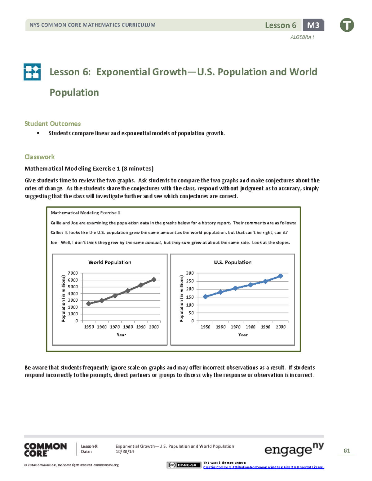Algebra I M3 Topic A Lesson 6: Exponential vs. Linear Population Growth ...