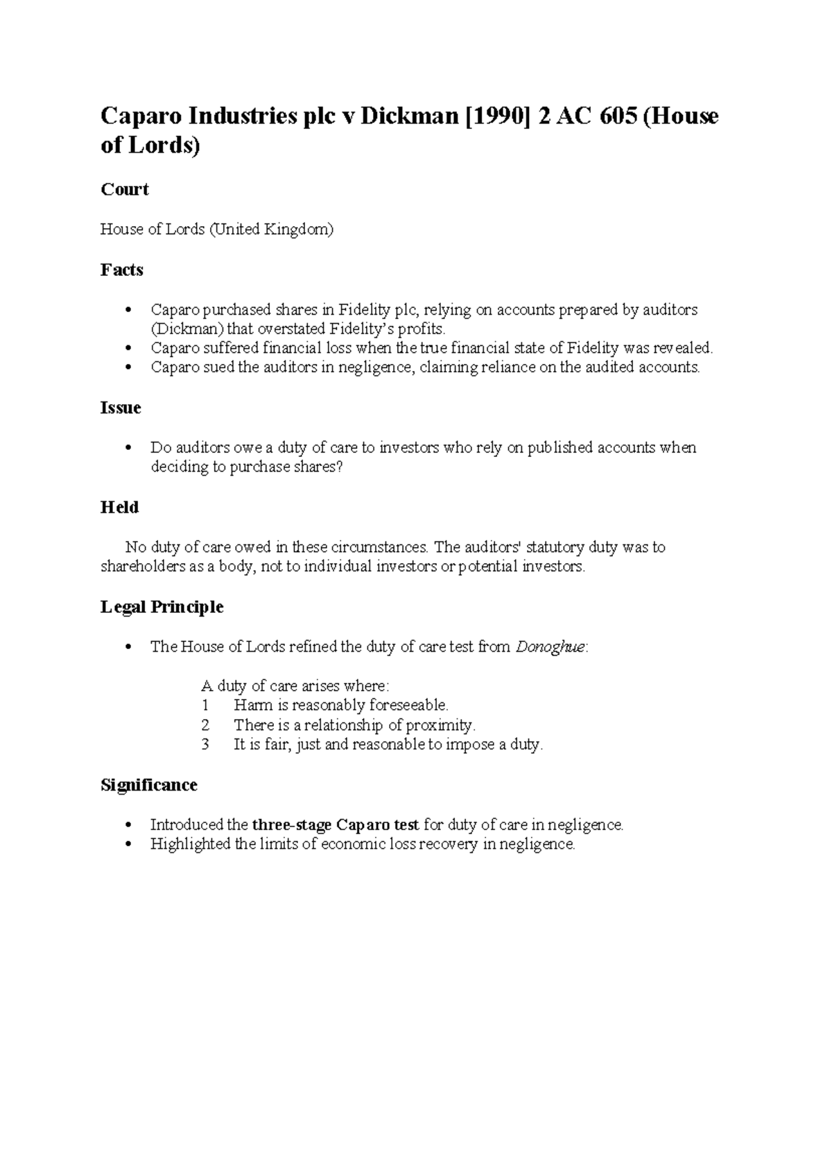 Caparo Industries plc v Dickman: Duty of Care in Negligence Explained ...