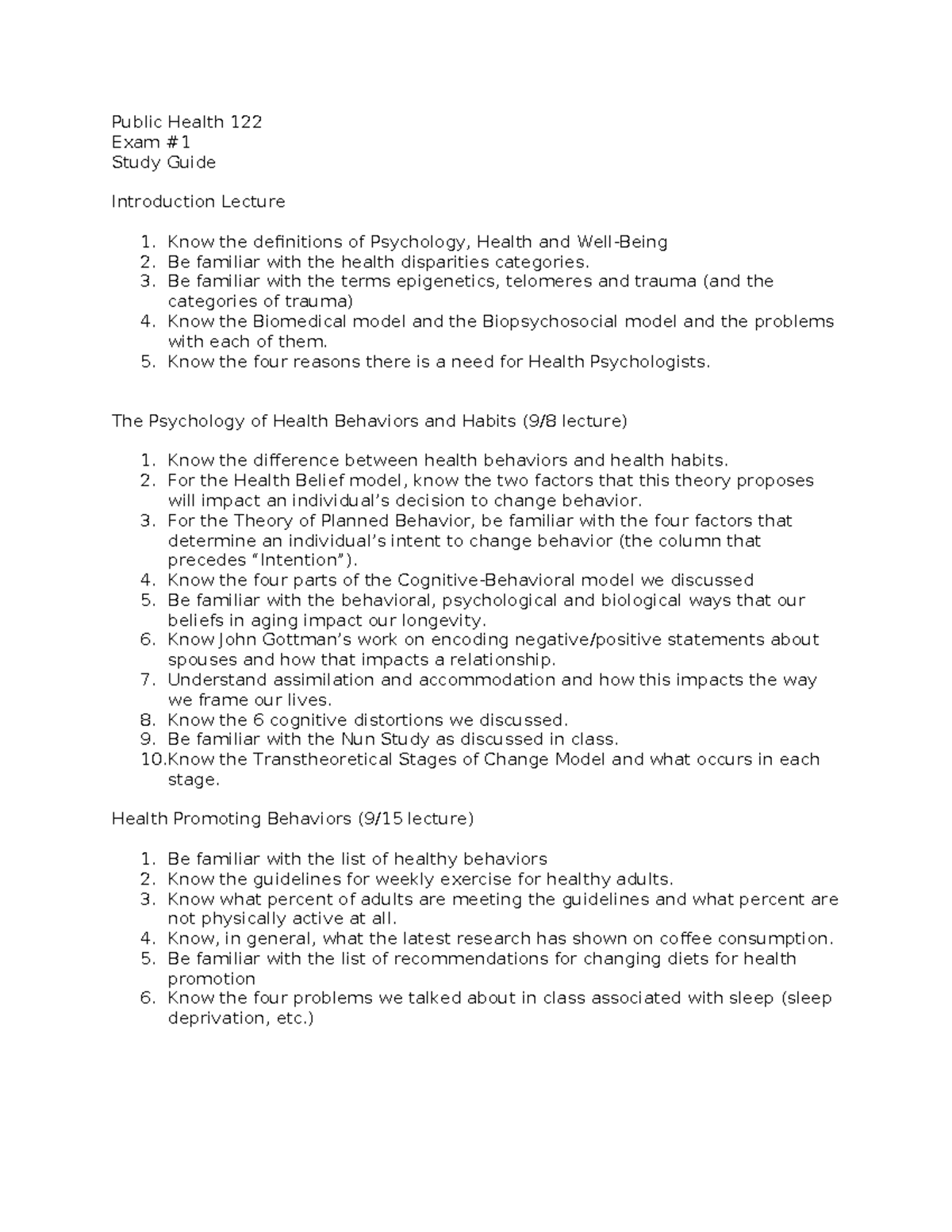 Public Health 122 Exam #1 Study Guide: Key Concepts & Definitions - Studocu