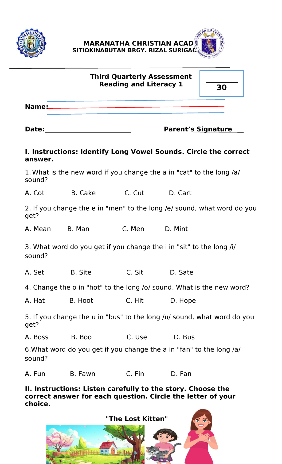 Grade 1 Q2 exam: Reading, language, and literacy assessment - Studocu
