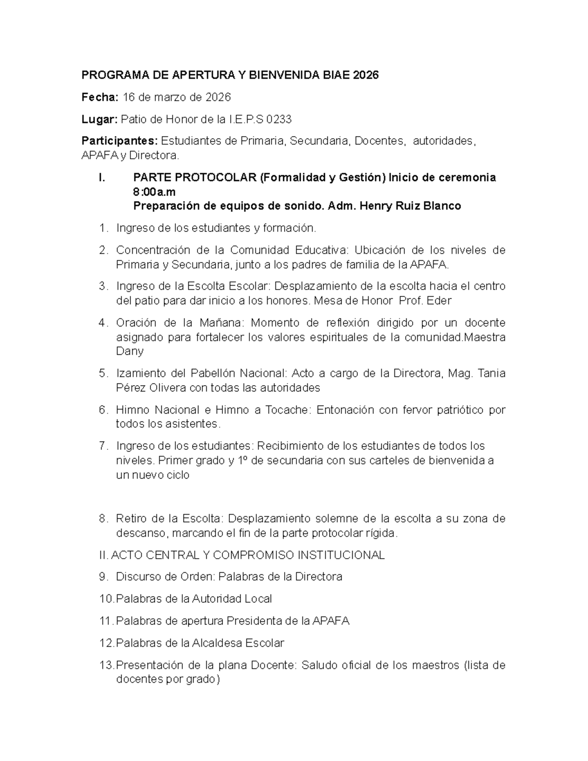 Programa de Apertura y Bienvenida BIAE 2026 - Ceremonia Formal - Studocu