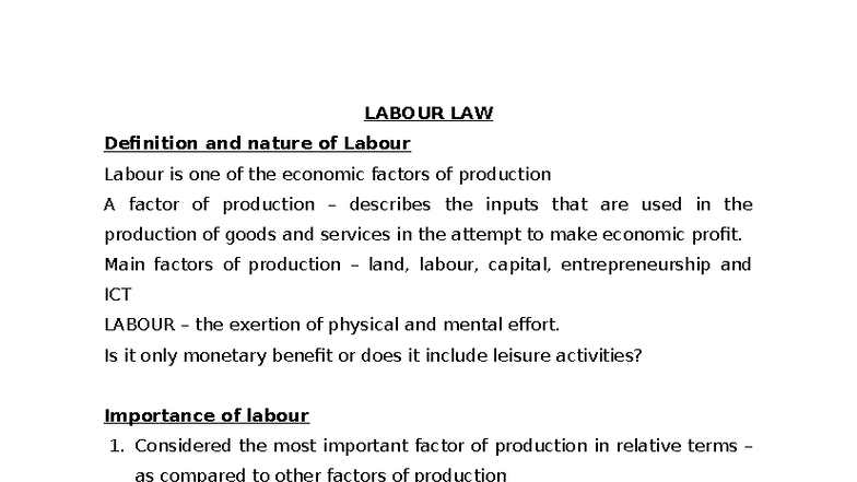 LABOUR LAW: Definition, Nature, and Importance of Labour - Studocu