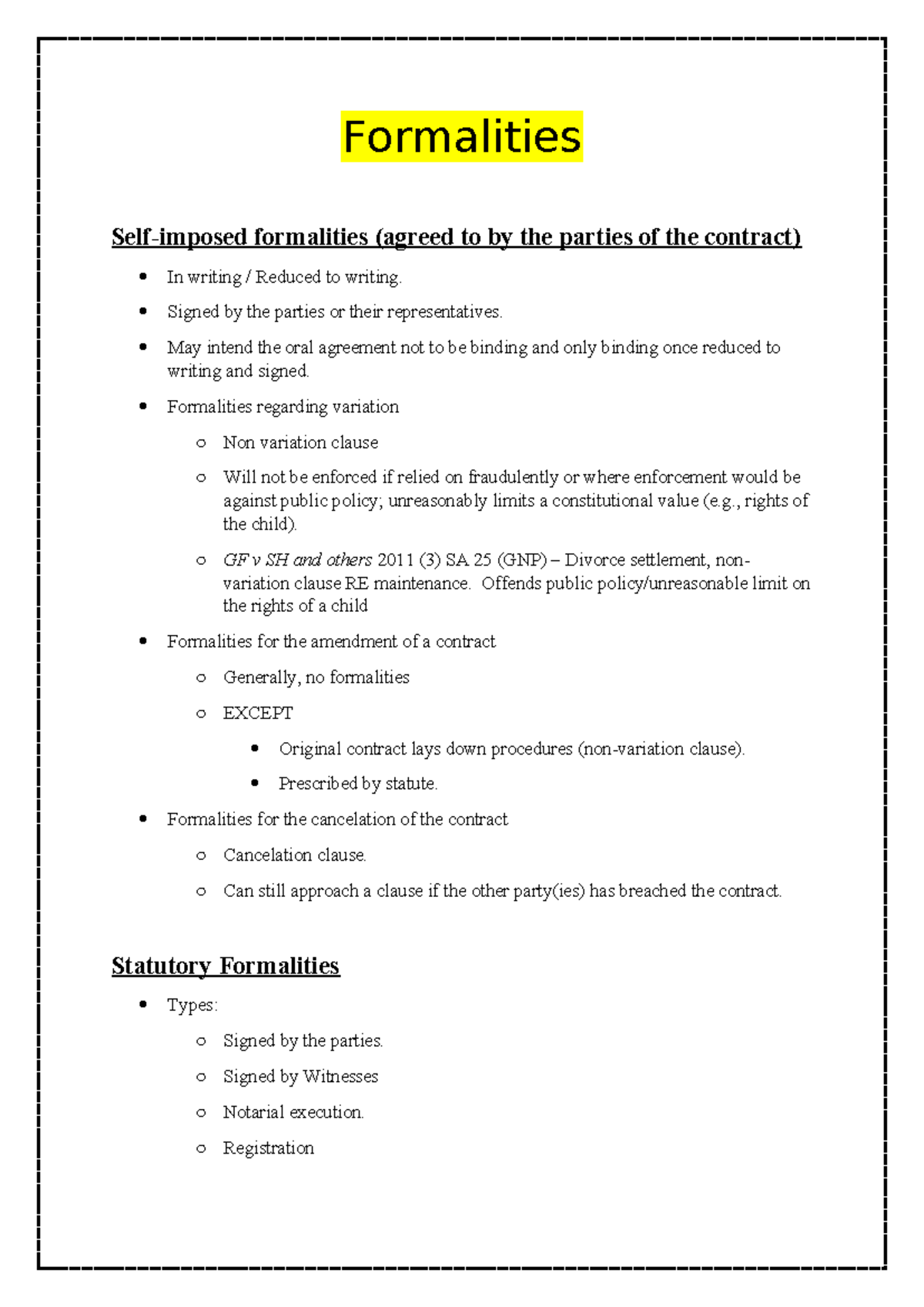 Notes on contract formalities (law 101) - Studocu