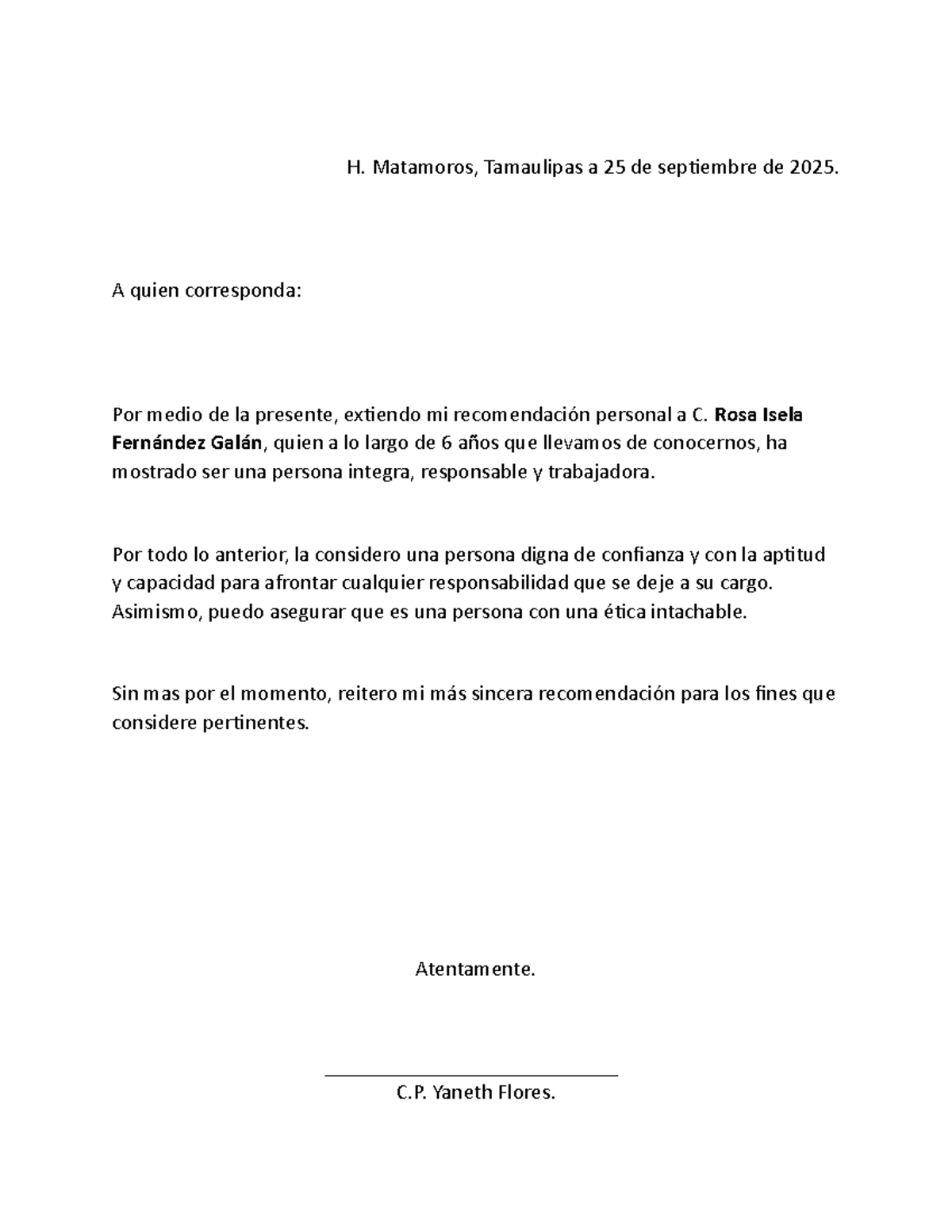 Carta de Recomendación para C. Rosa Isela Fernández Galán - Studocu