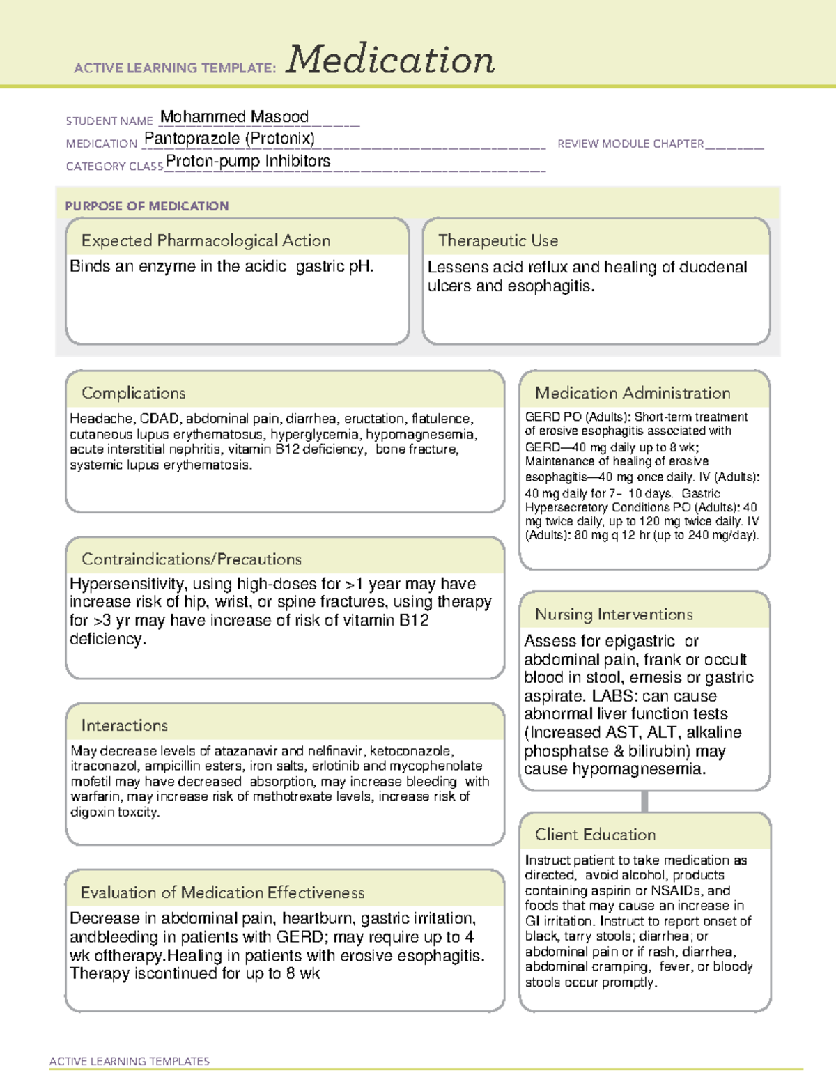 Pantoprazole (Protonix) Medication Card - Active Learning Template ...