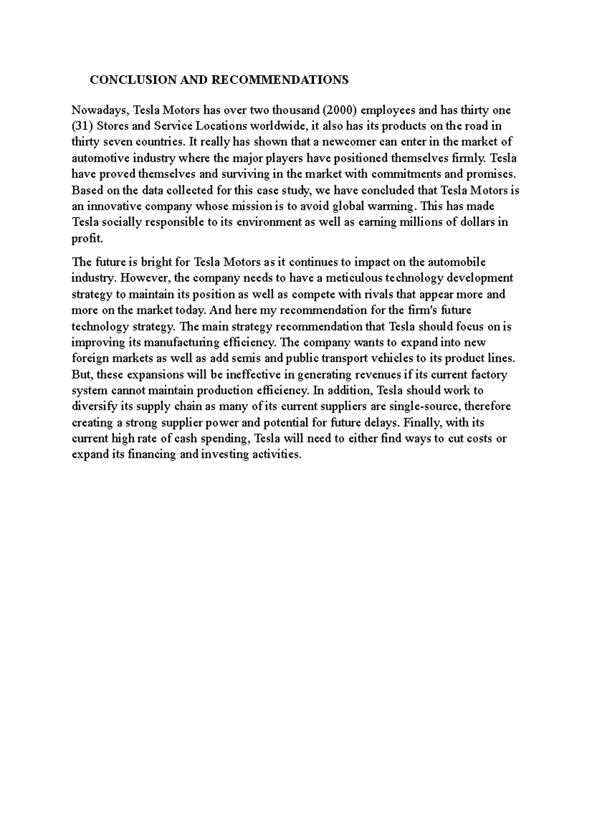 Tesla Motors Case Study: Conclusions & Recommendations for Future ...