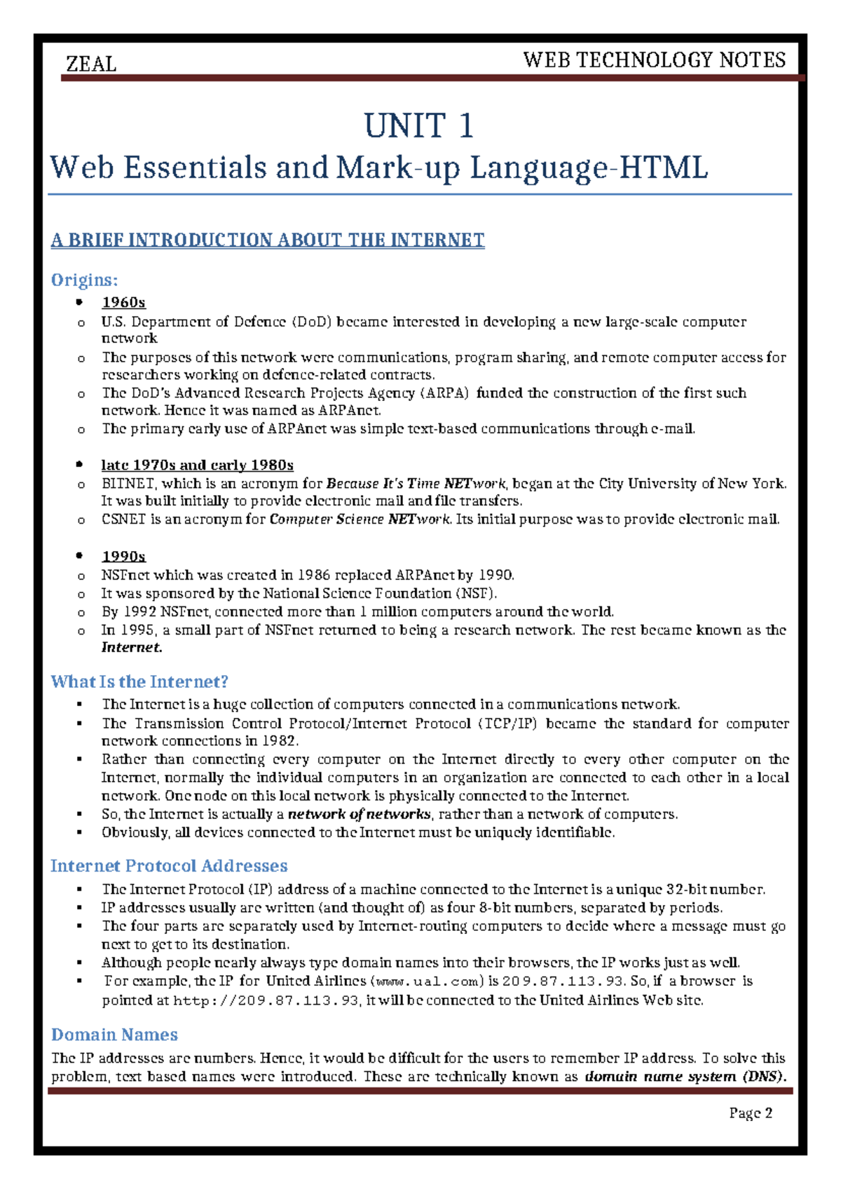 WEB TECHNOLOGY NOTES ZEAL UNIT 1: Web Essentials & Internet Overview ...