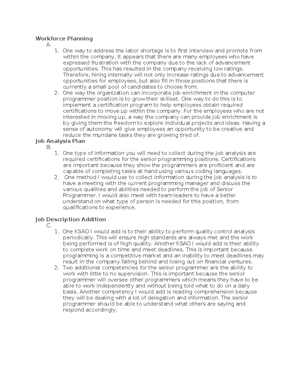 D354 - Workforce Planning and Job Analysis Overview for Task 1 - Studocu