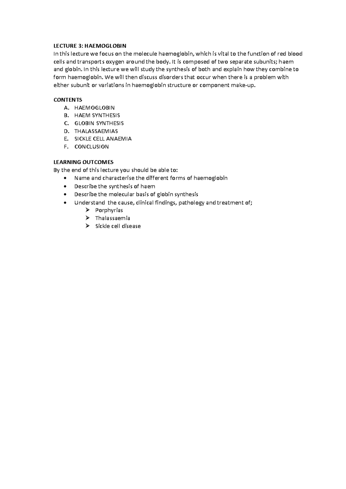 Lecture 3: Haemoglobin - Structure, Synthesis, and Disorders - Studocu