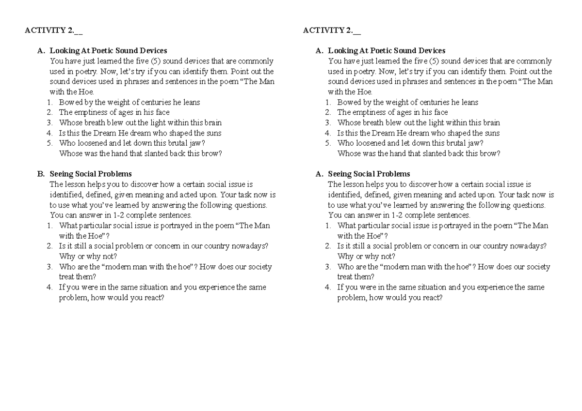 ACTIVITY 2: Analyzing Poetic Sound Devices in "The Man with the Hoe" - Studocu